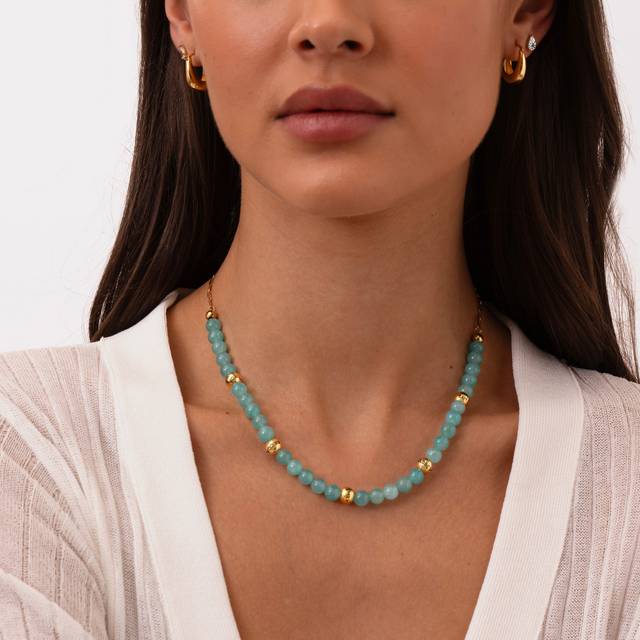 Amazonite Semi-Precious Balance Bead Necklace in 18K Gold Plating - MYKA