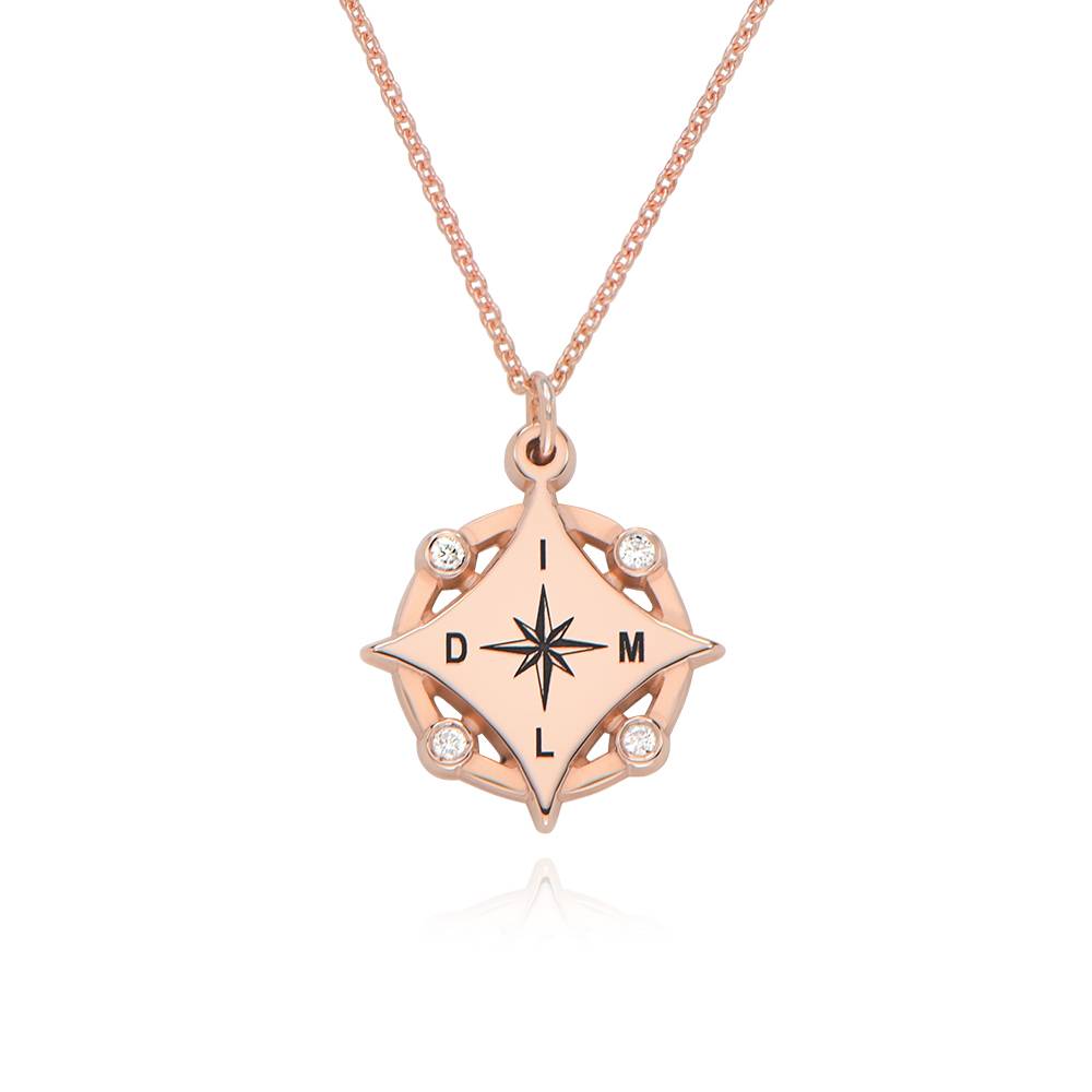 Kaia Initial Compass Necklace with Diamonds in 18K Rose Gold Plating - MYKA