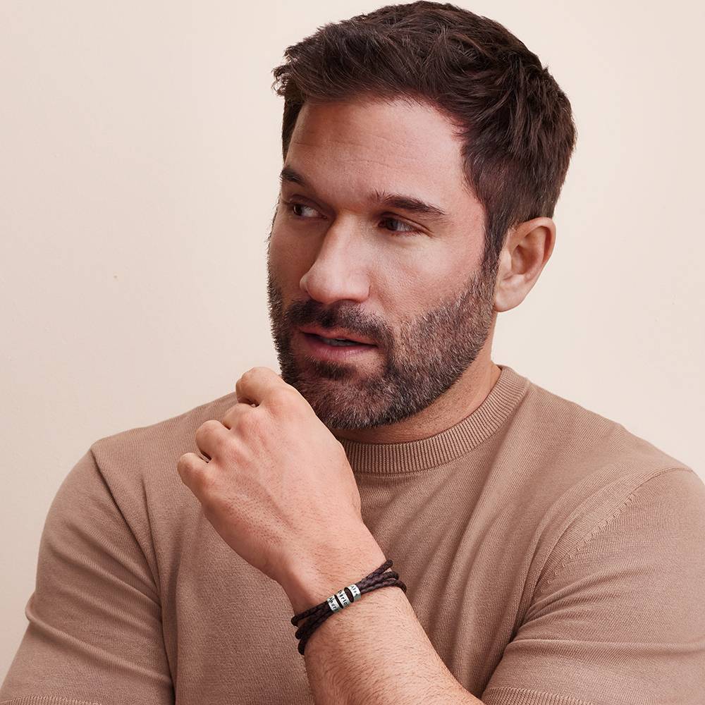 Navigator Brown Braided Leather Bracelet for Men with Custom Beads in ...