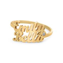 Script Double Name Ring with Diamond in 14K Solid Yellow Gold - MYKA