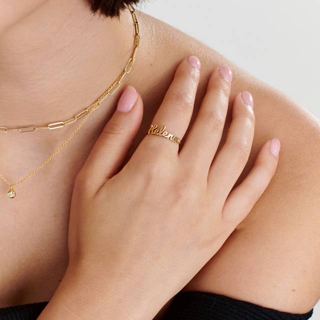 Script Name Ring with Diamond in 18K Gold Plating - MYKA