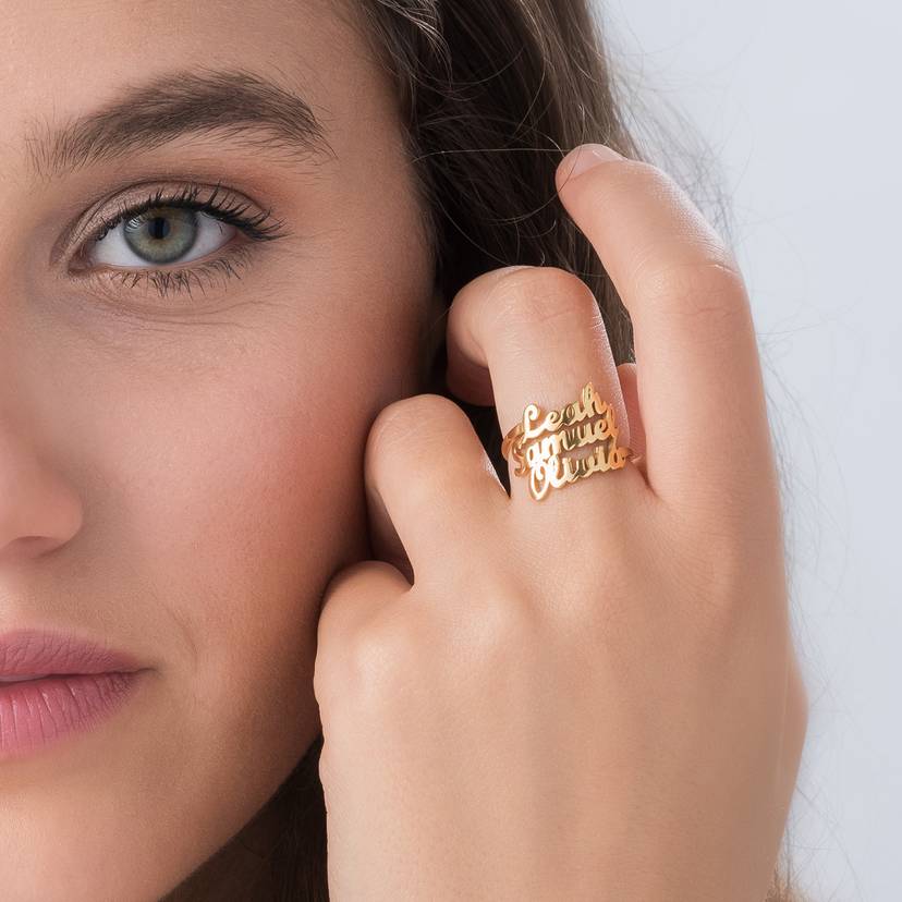 Script Triple Name Ring in 14K Solid Yellow Gold - MYKA