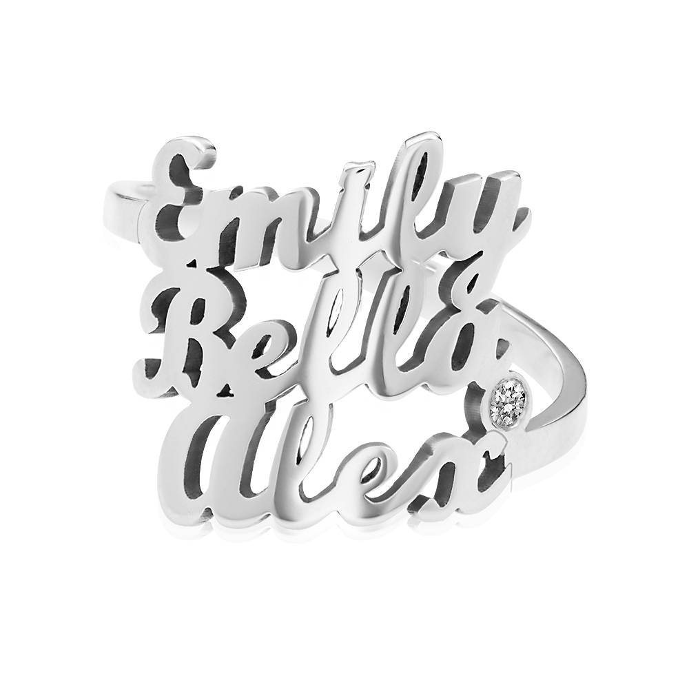 Script Triple Name Ring with Diamond in Sterling Silver - MYKA