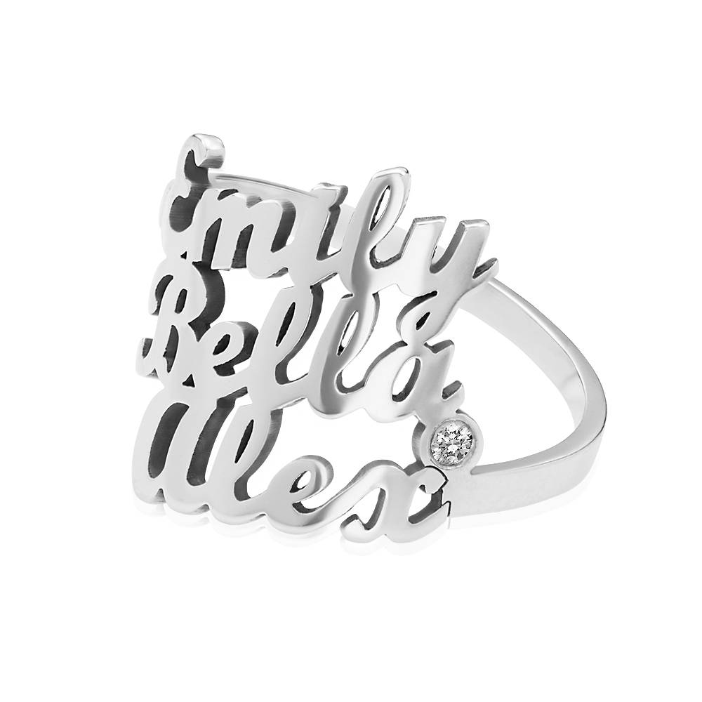 Script Triple Name Ring with Diamond in Sterling Silver - MYKA