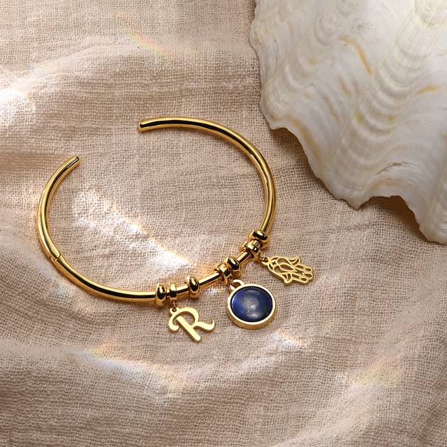 Symbolic Initial Bangle Bracelet with Semi-Precious Stone in 18K Gold ...