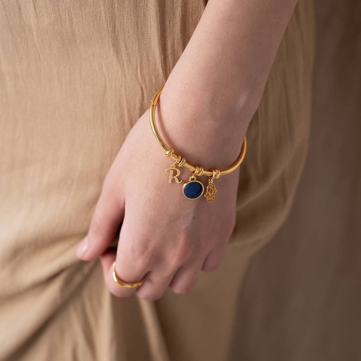 Symbolic Initial Bangle Bracelet with Semi-Precious Stone in 18K Gold ...