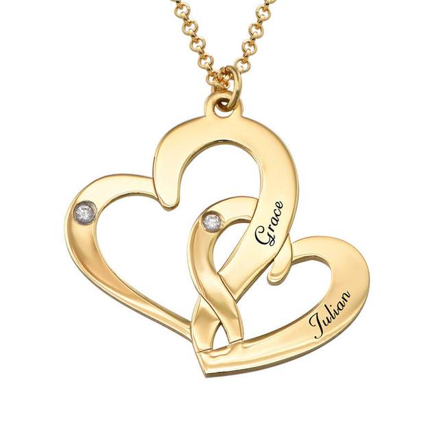 Engraved Two Heart Necklace with Diamonds in 18K Gold Plating - MYKA