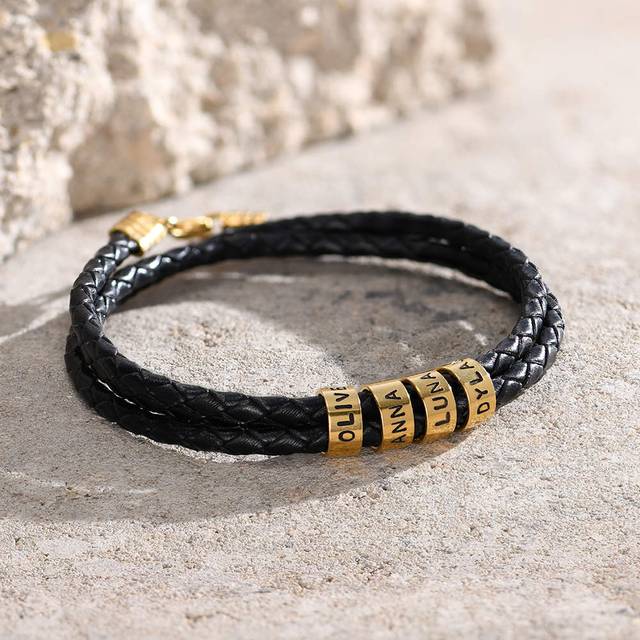 Navigator Braided Leather Bracelet for Men with Custom Beads in 18ct ...