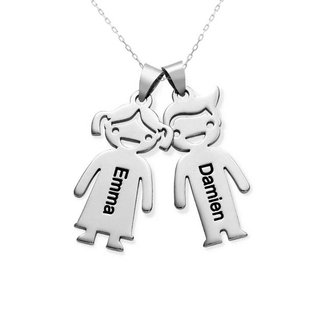 Mother Necklace with Engraved Children Charms in 10K Solid White Gold ...