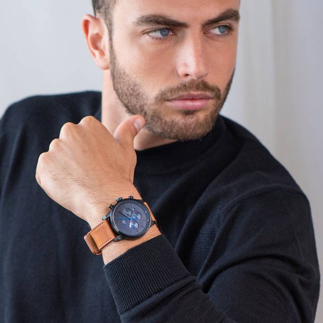 Quest Chronograph Leather Strap Watch for Men with Black Dial | MYKA