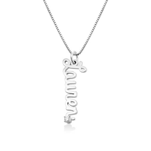 Vertical Cursive Name Necklace with Diamond in Sterling Silver - MYKA